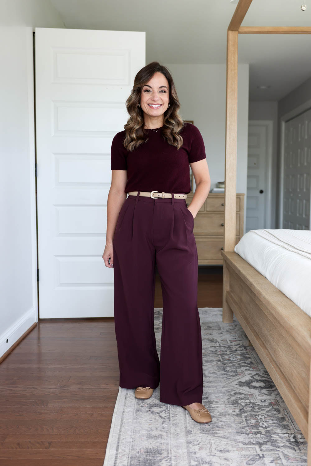 Three Neutral Outfit Ideas with Purple Wide Leg Pants - Pumps & Push Ups